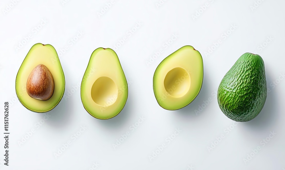 Four stages of avocado on a white background, showcasing whole, halved ...