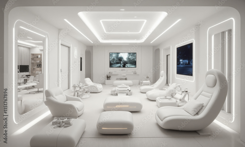 Futuristic lounge in pearly white, featuring interactive furniture that ...