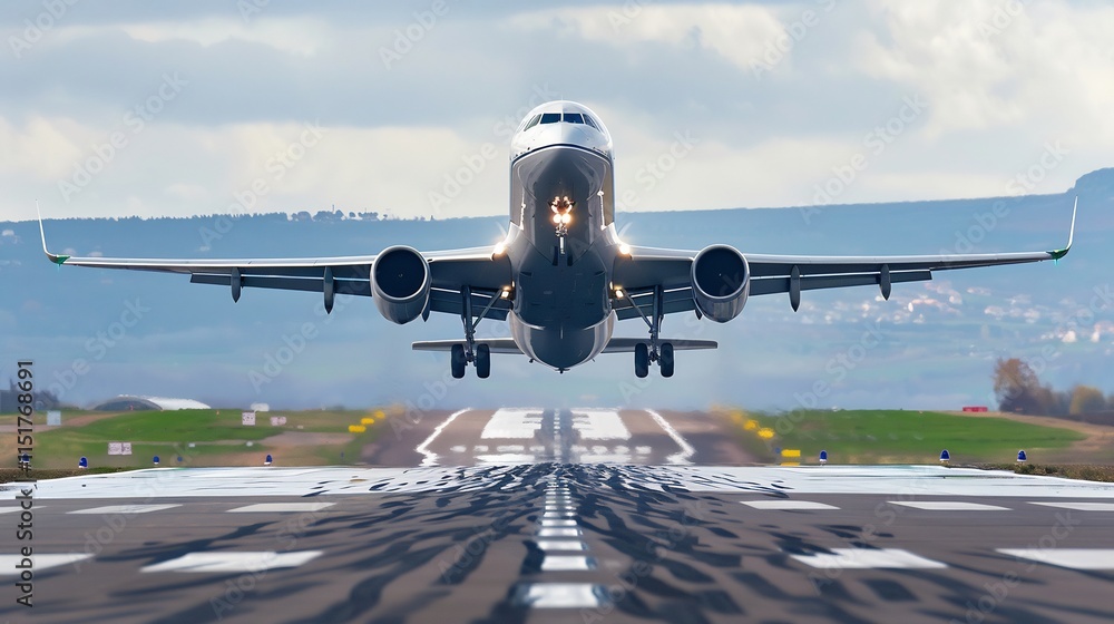 Airplane liftoff from the airport runway is depicted as a jet climbing ...