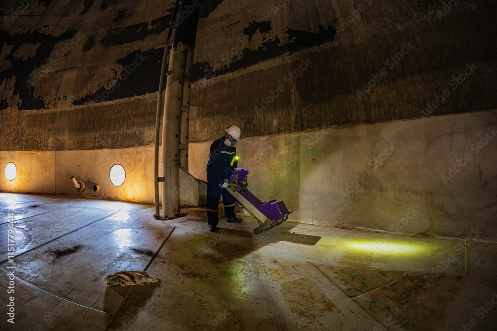 Male worker inspection floor scan tank external floating of rust wall ...