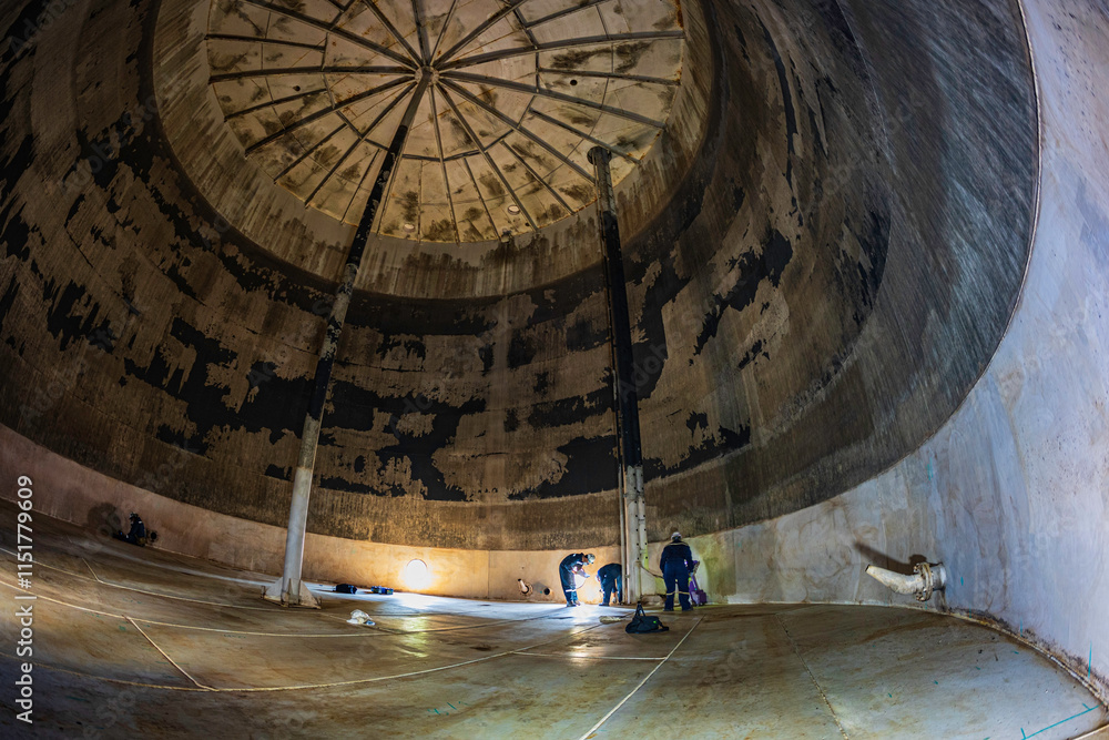 Male worker inspection floor scan tank external floating of rust wall ...