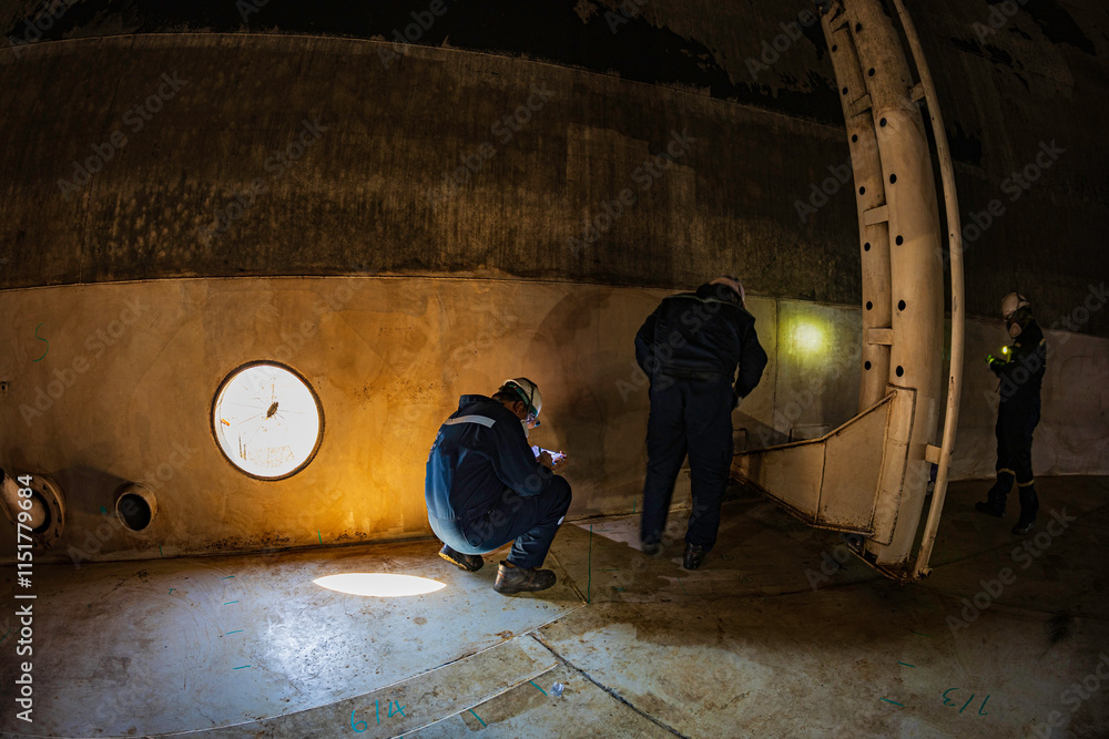 Male worker inspection floor scan tank external floating of rust wall ...
