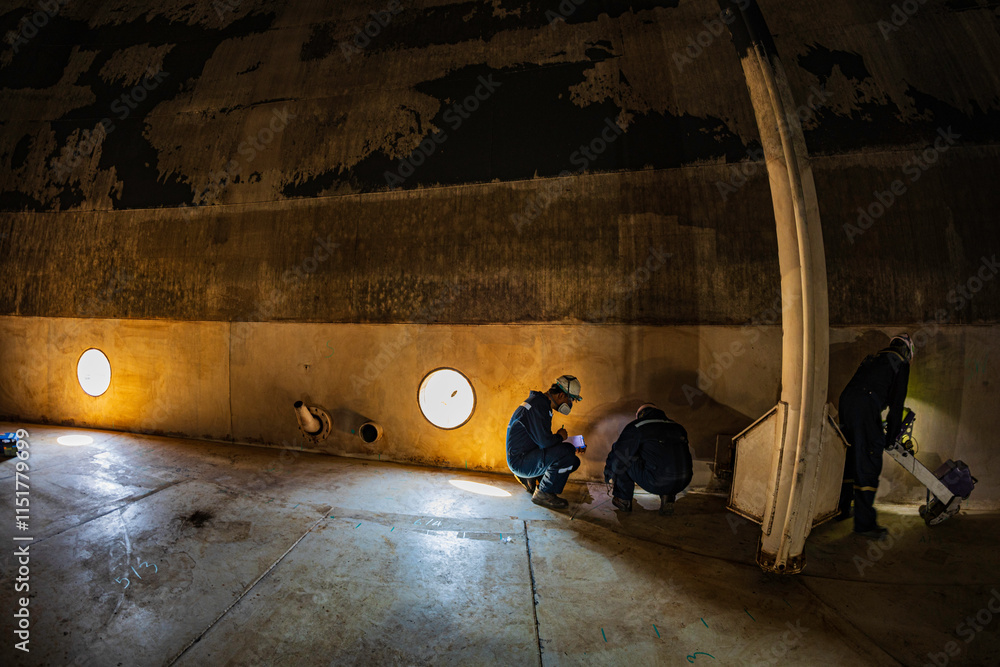 Male worker inspection floor scan tank external floating of rust wall ...