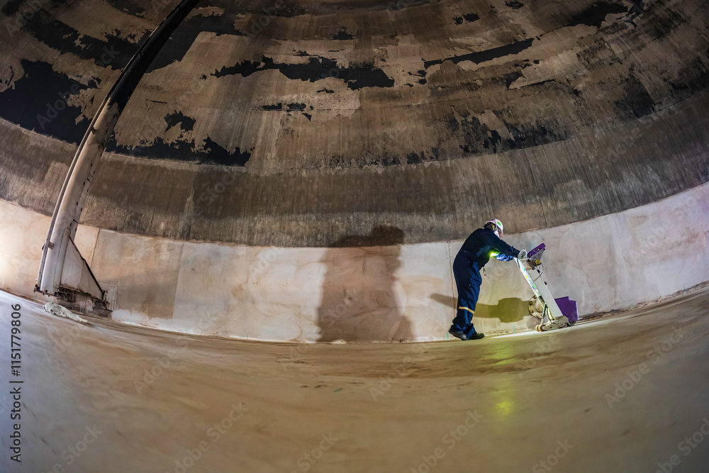 Male worker inspection floor scan tank external floating of rust wall ...