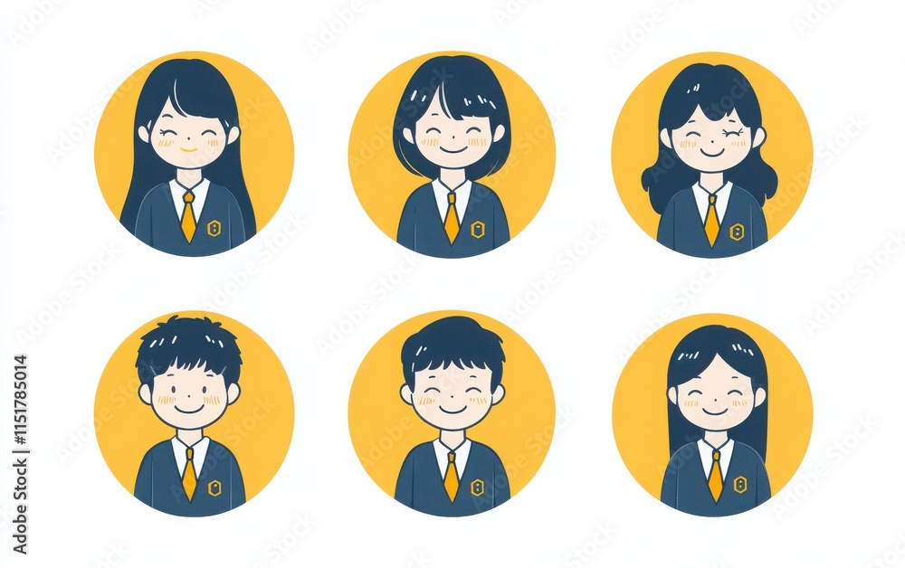 A set of cute, simple illustrations in a circular format, featuring ...