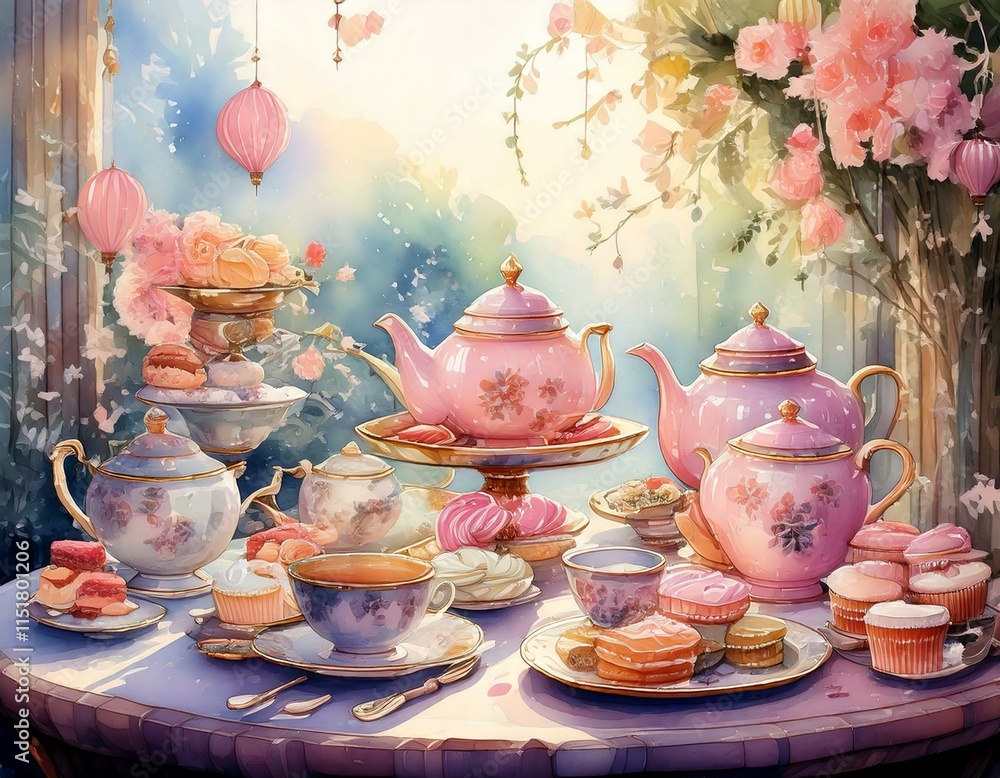 A magical watercolor tea party with floating teapots and pastel ...