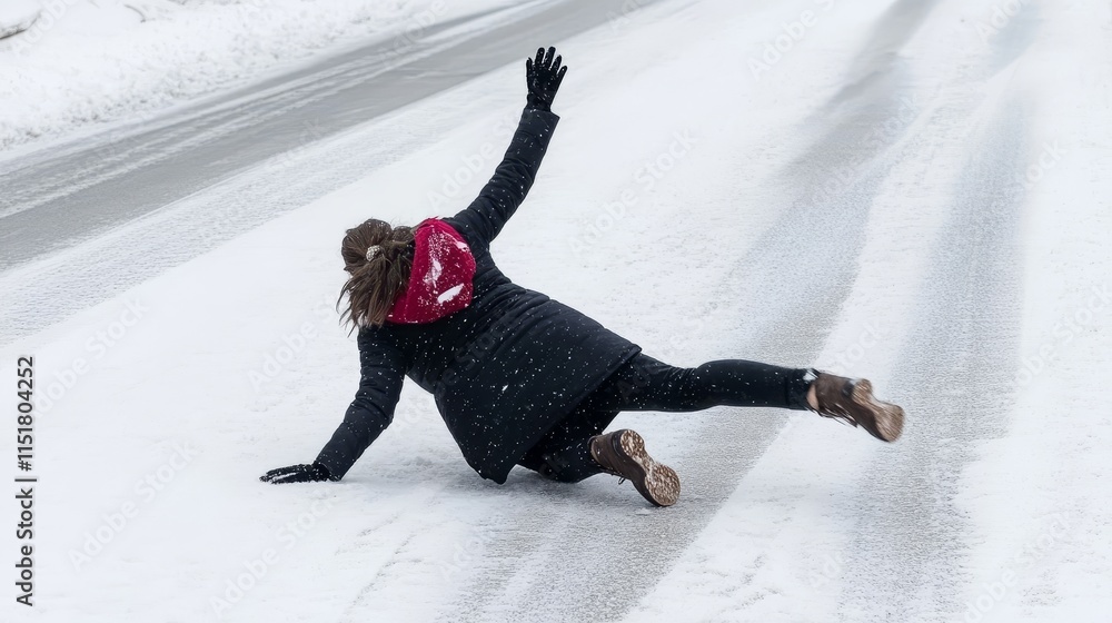 Woman Slipping on a Snow-Covered Road During Winter, Highlighting ...