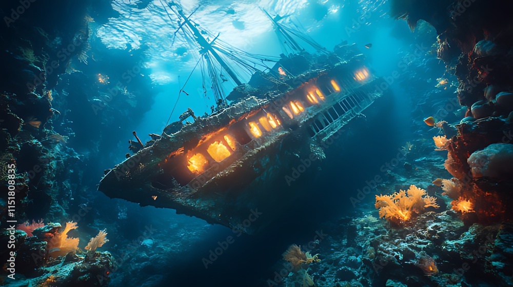 Sunken ship illuminated underwater, surrounded by vibrant coral reefs ...