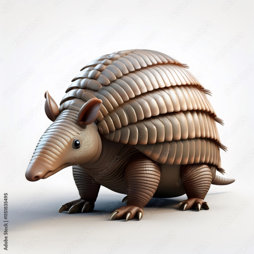 Cartoon armadillo standing on bright white background, displaying detailed 3D render with crisp ...