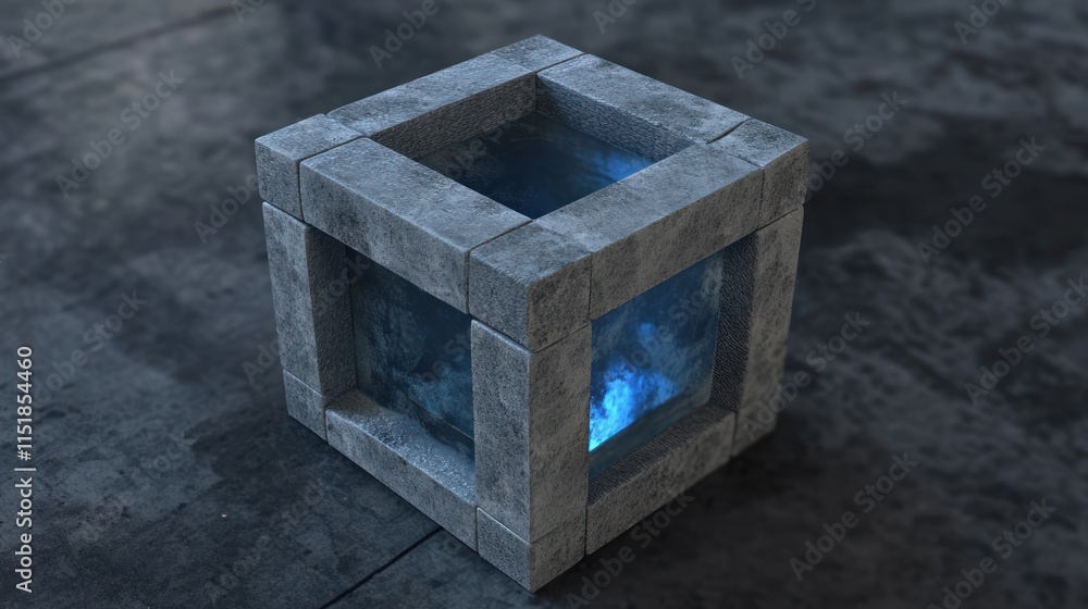 Mysterious Cube: A Digital Artwork of a Stone Cube Containing a Glowing ...