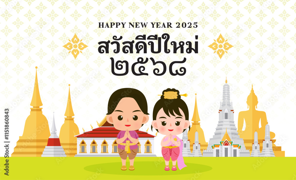 Happy New Year 2025 vector design. Children in Thai costumes greeting ...