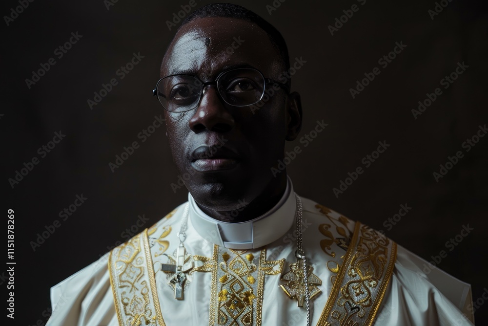 Portrait of a serious catholic priest wearing glasses, traditional ...