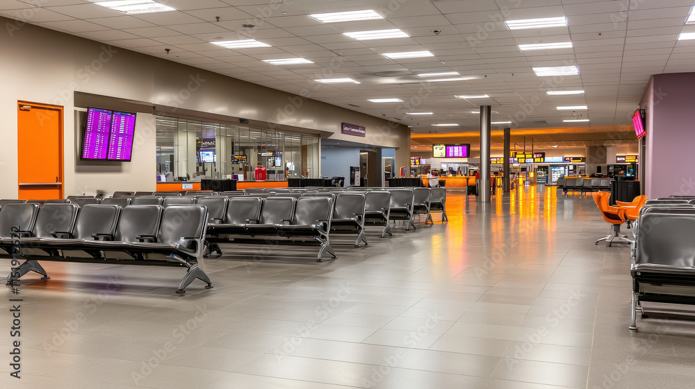 quiet airport terminal at night, illuminated by soft lighting and empty ...