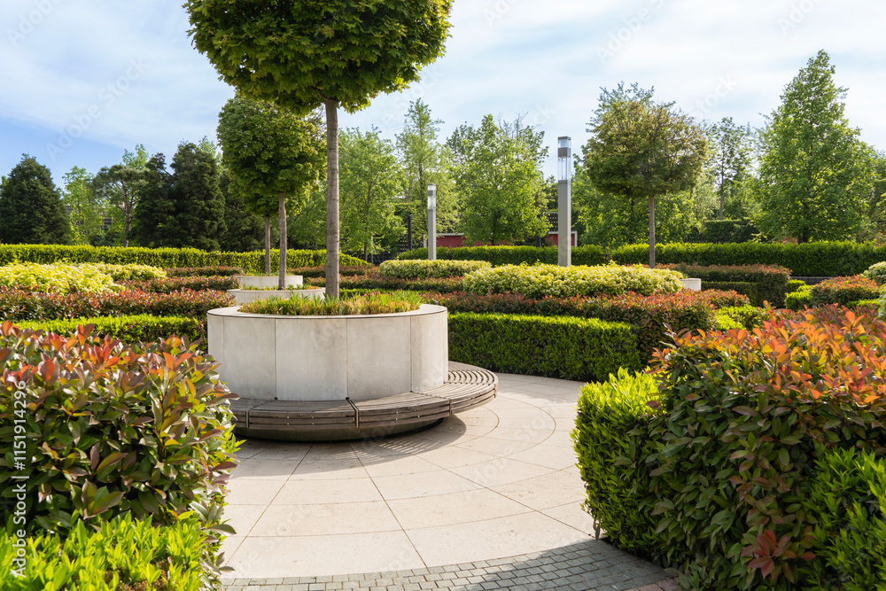 French garden is located in Krasnodar park. Flowering topiary bushes of ...