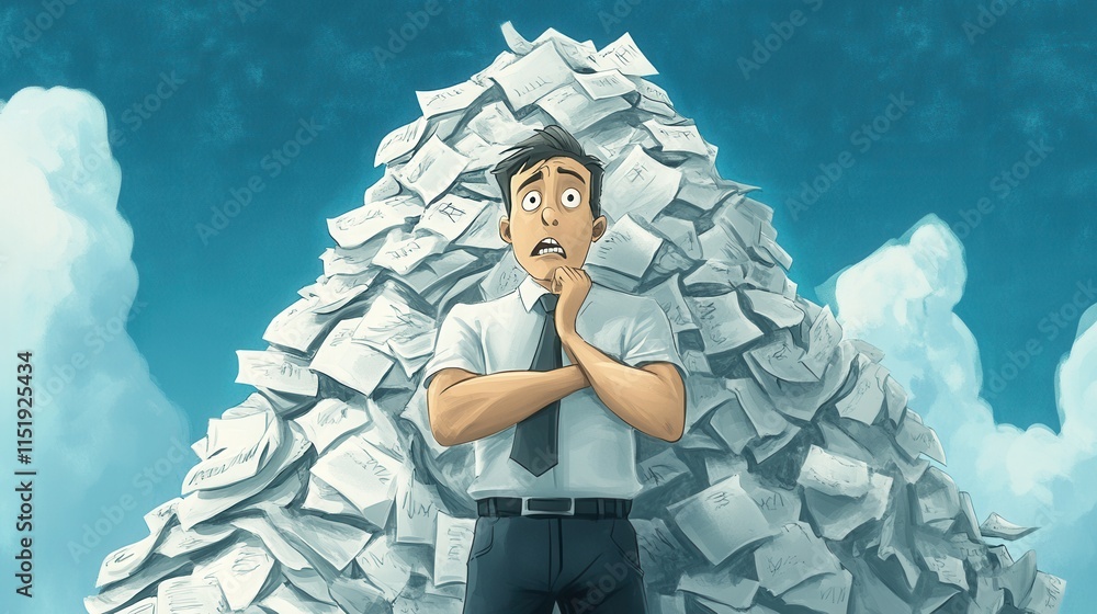 Cartoon business owner overwhelmed by towering mountain of debt ...