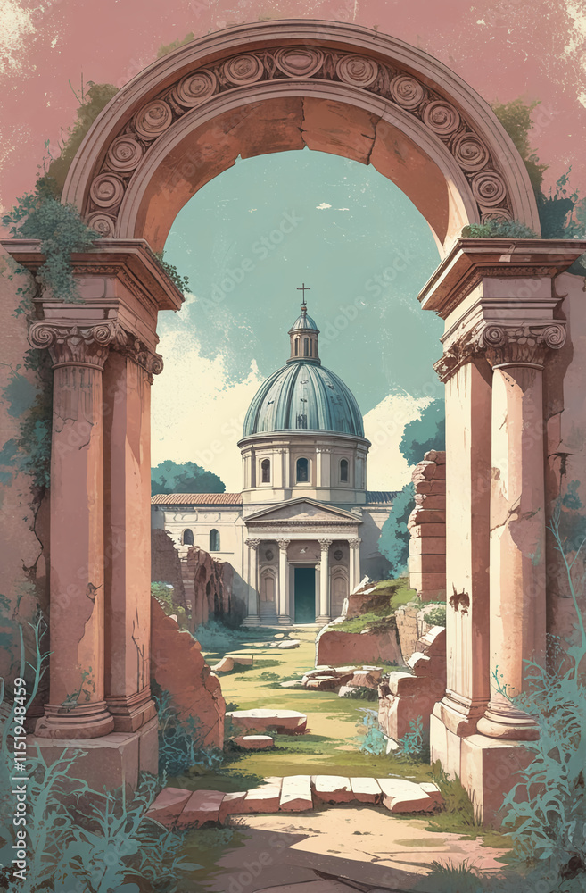 Ancient Roman Architecture with Dome Cathedral and Overgrown Ruins ...