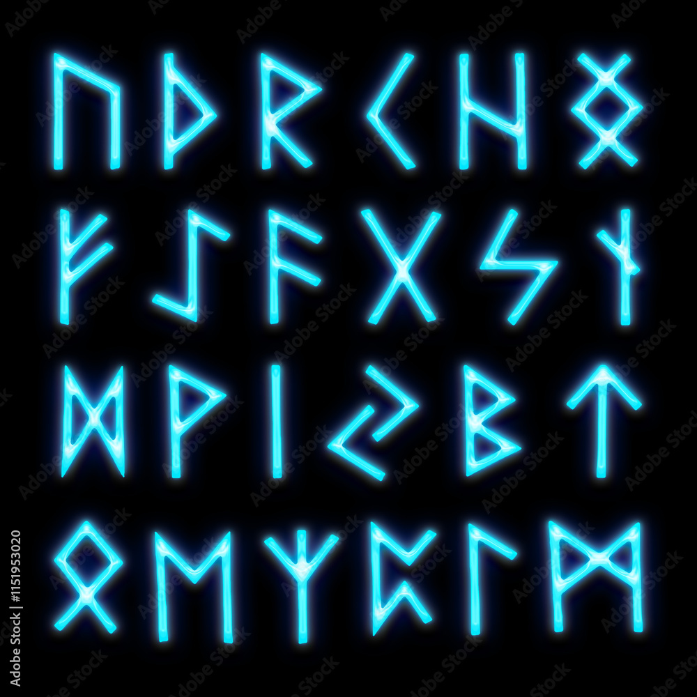 Viking runes neon glowing cut-out isolated on a black background Stock ...