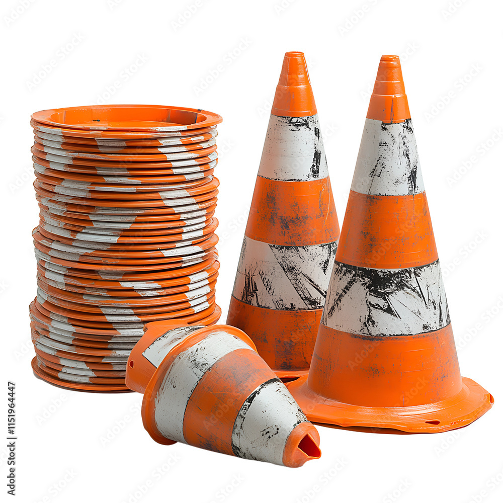 Six Bright Orange Traffic Cones on png isolated on transparent ...