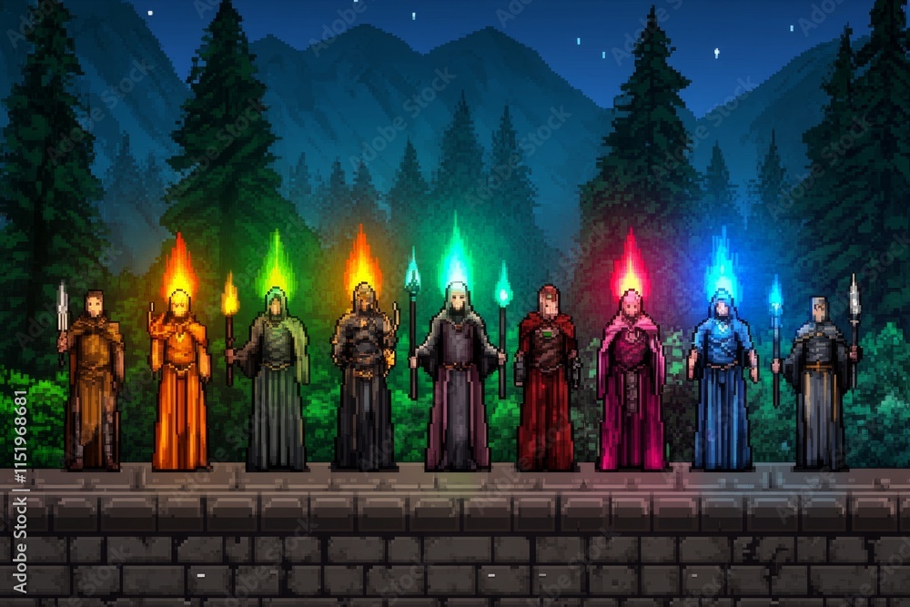 A pixel art representation of a group of adventurers standing in front ...