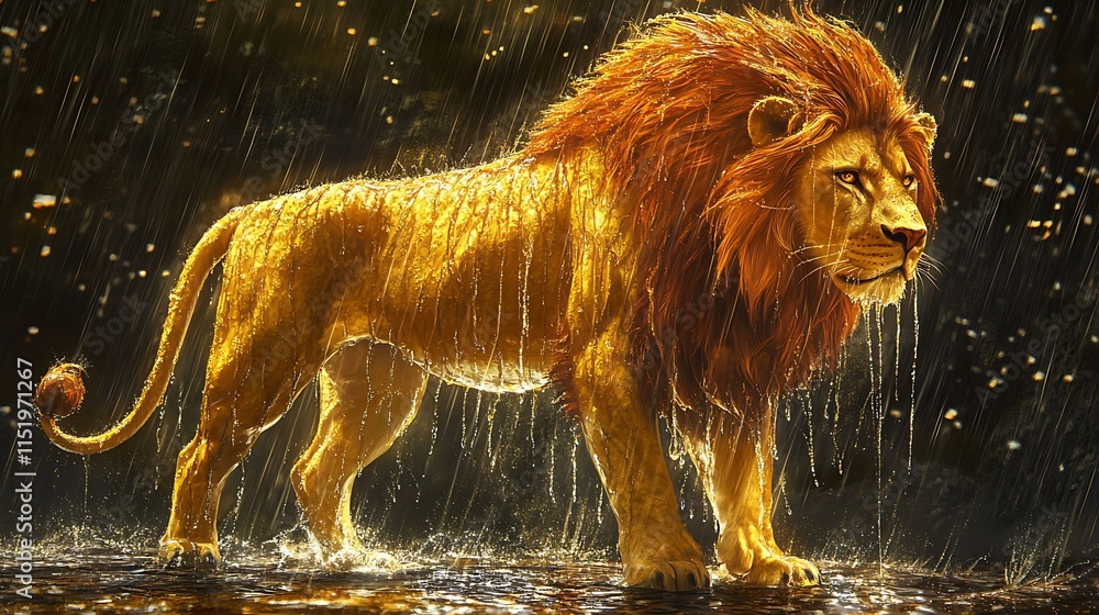 23. Golden lion standing in the rain, water dripping off its mane and ...