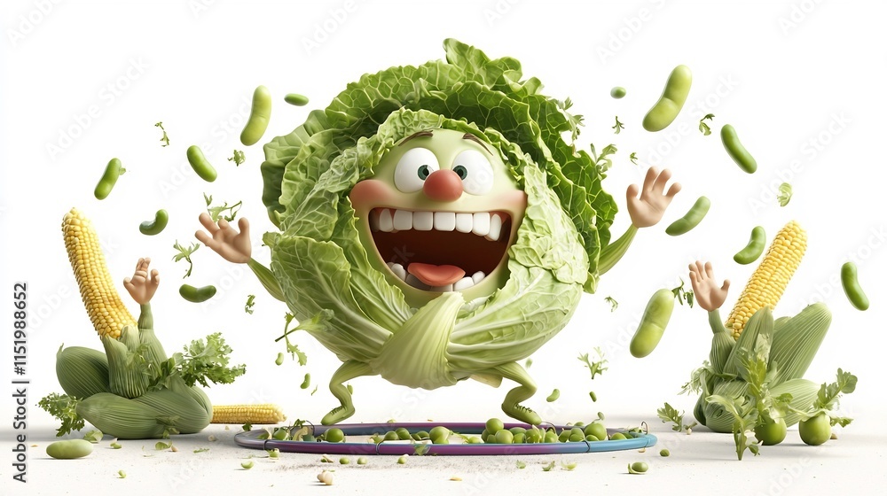 Energetic 3D cartoon animation of a grinning cabbage spinning a hula ...
