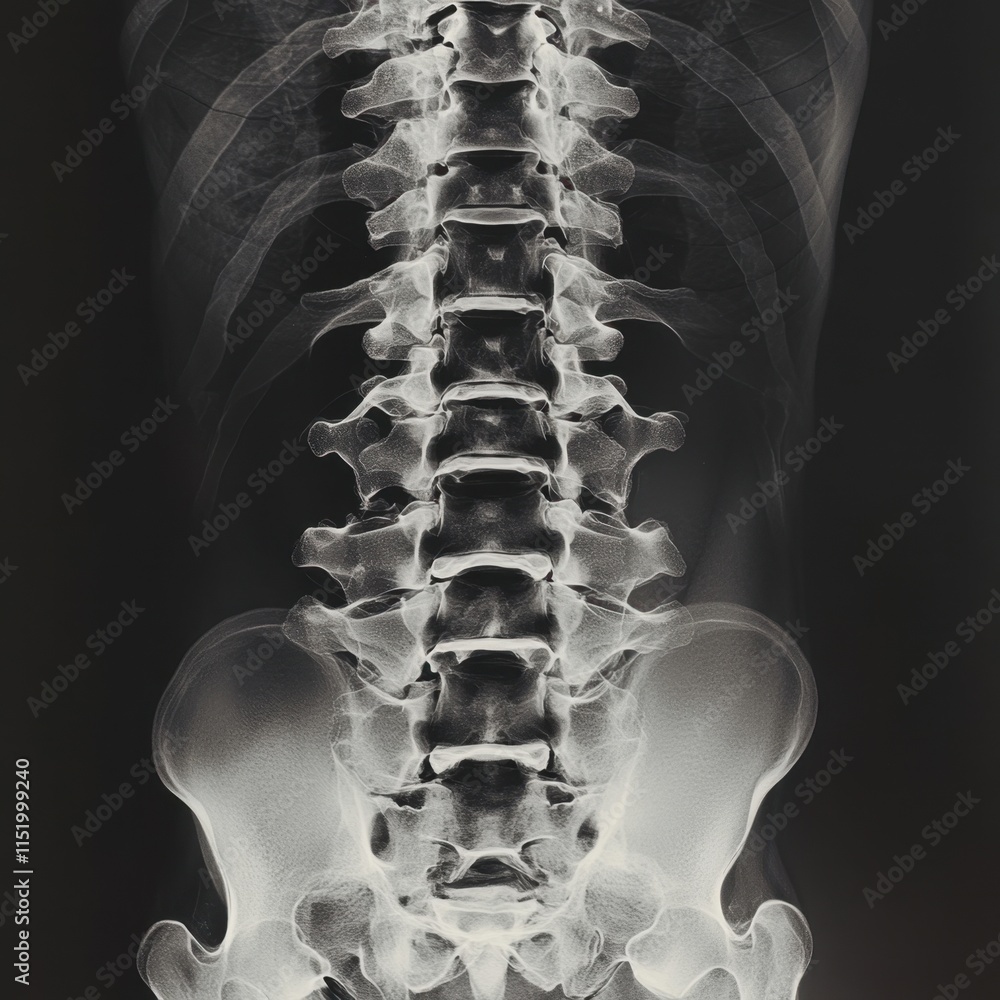 Detailed X-ray of the human spine, highlighting vertebral anatomy and ...