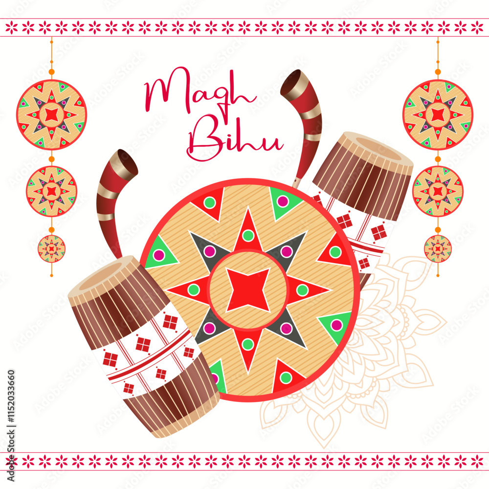The image celebrates Magh Bihu with elements like the Dhol Pepa ...