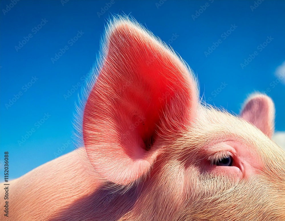 Detailed close-up of a pig's ear and eye, showcasing pink skin and ...