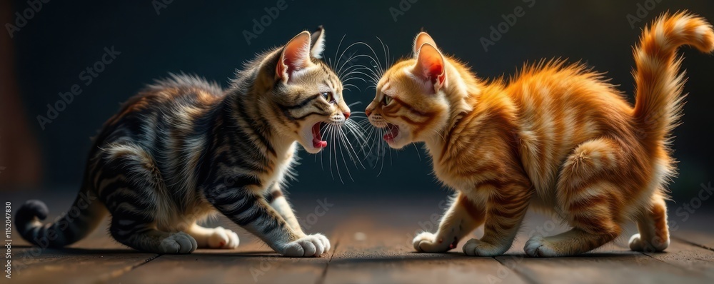 Two cats locked in intense combat, hissing and scratching , rage, teeth ...