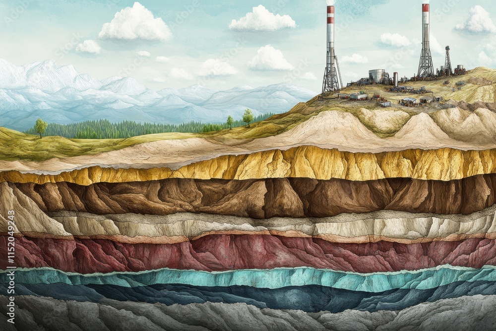 Geological cross section showing underground fossil fuel deposits ...