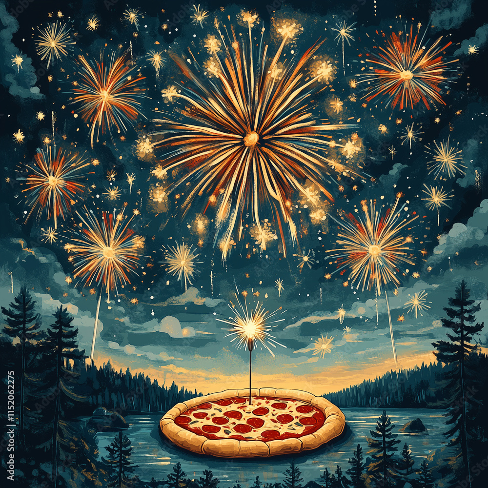Pepperoni pizza floating on water with fireworks exploding in night sky ...