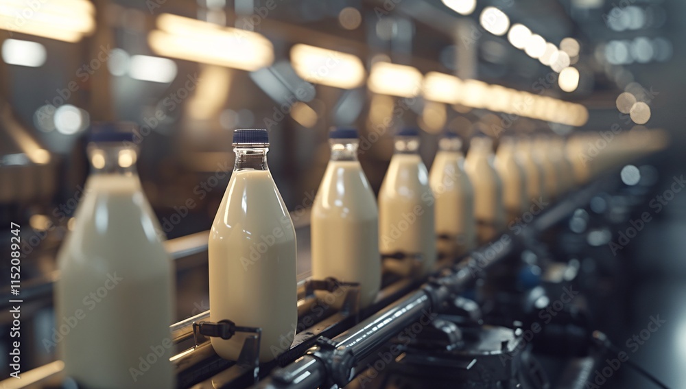 Freshly bottled milk on a production line, showcasing industry ...