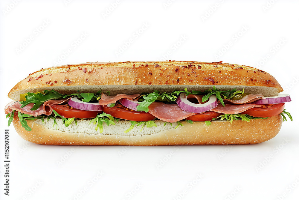 Front view of a classic submarine sandwich filled with fresh vegetables ...