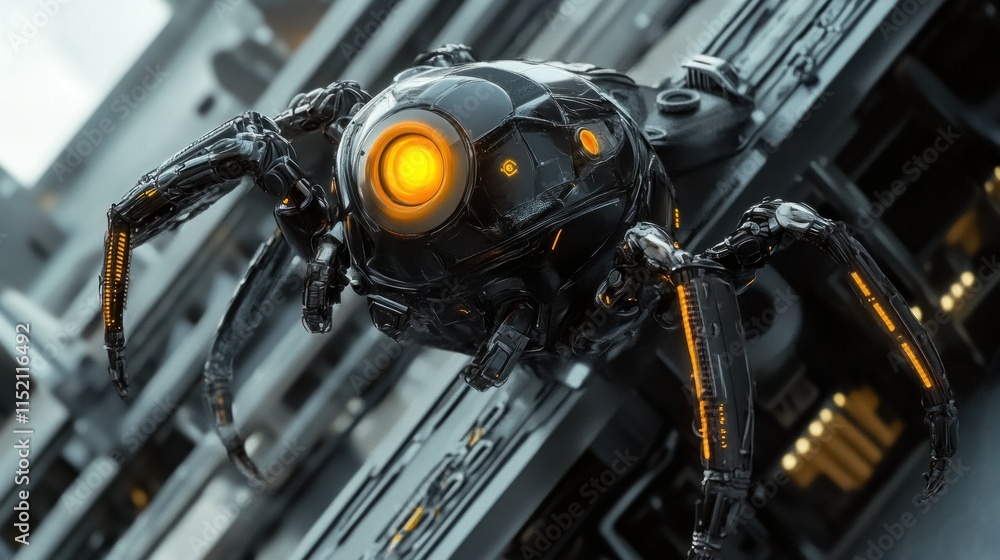 A spider-like robot clings to the outside of the space station, its ...