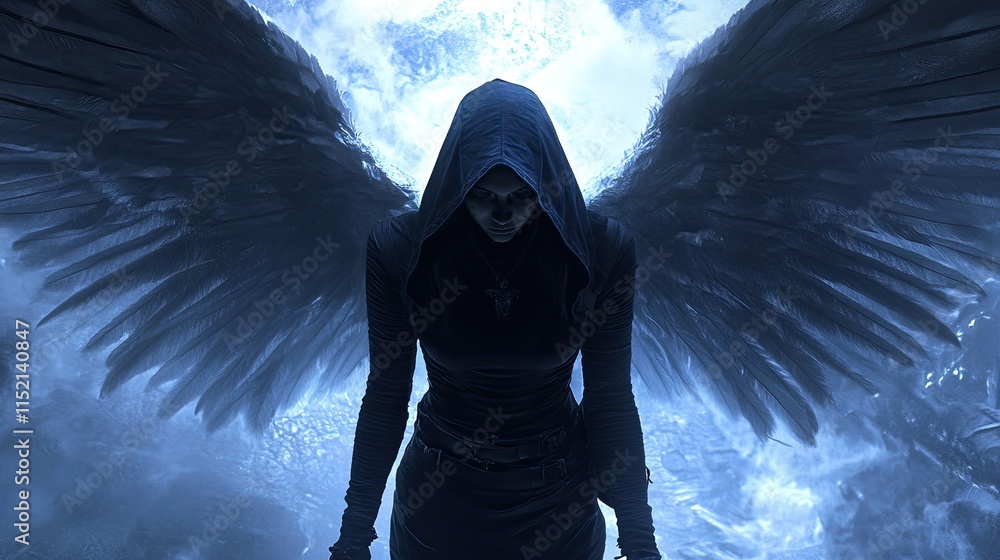 Hooded death angel woman in black clothes, wings spread wide ...