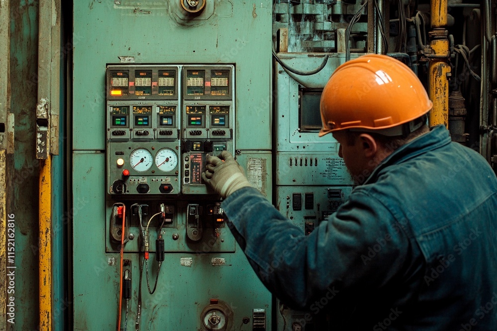 Control panel operation in an industrial setting by a worker wearing a ...