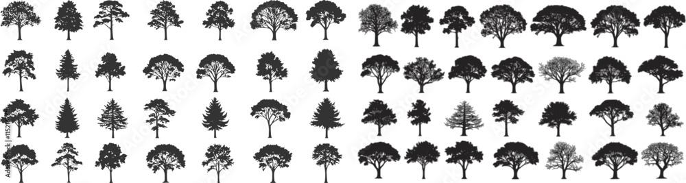 silhouette tree line drawing set, Side view, set of graphics trees elements outline symbol for ...