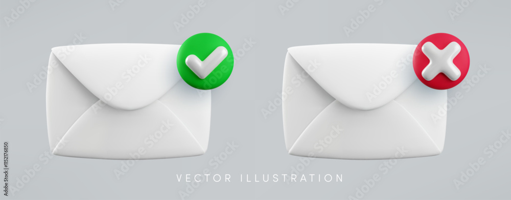 Vector cartoon 3d message checkmark icon set. 3d render approved and ...