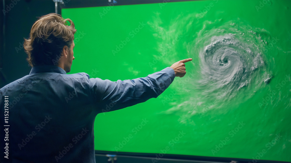 A television weather forecaster pointing at a green screen displaying a ...