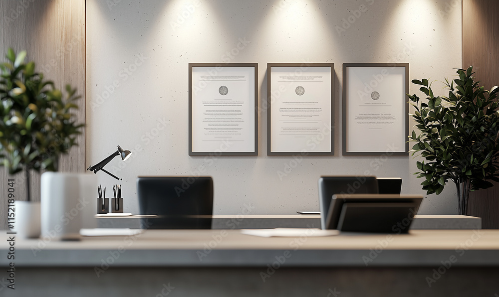 Modern office reception featuring framed certificates, stylish decor ...