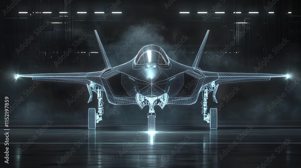 A sleek F-35 jet stands in the hangar, its wireframe hologram ...