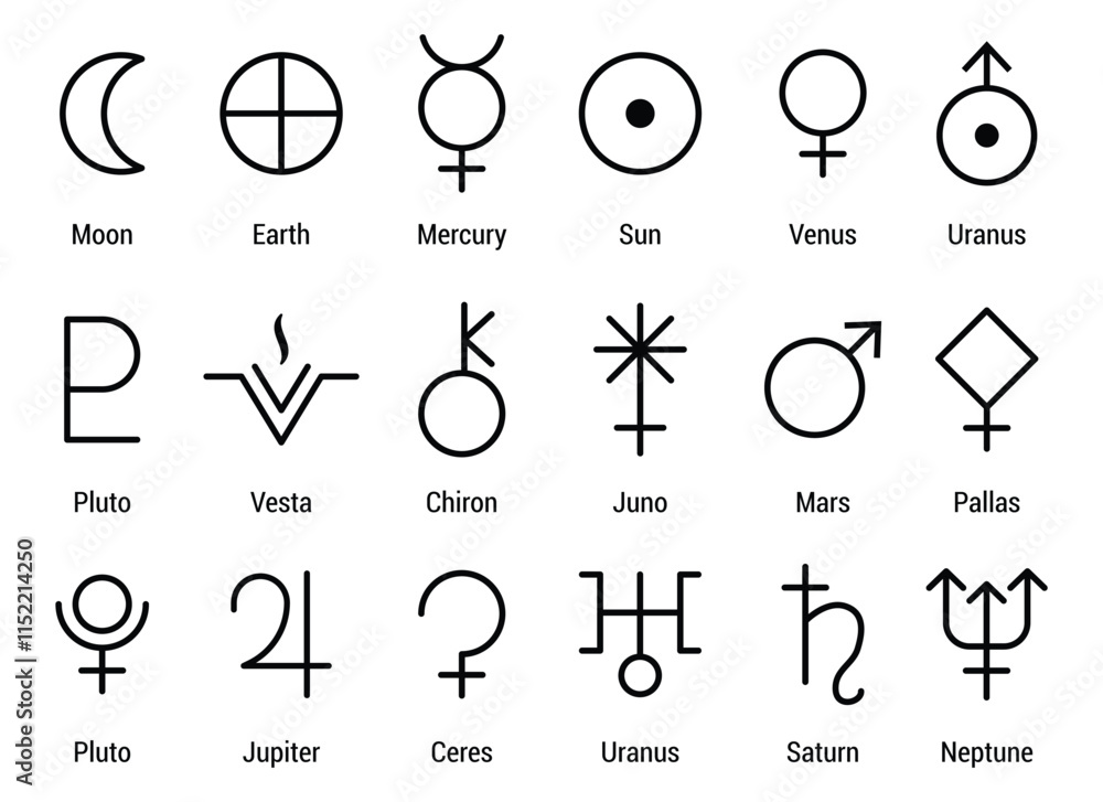 Set astrology and astronomy planet symbols. Outline icons, set of ...