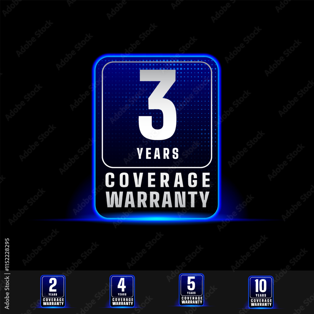 3 years warranty label. Neon glowing warranty label for technology ...