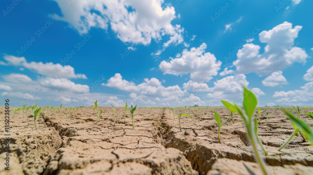 Green sprouts emerging from cracked dry earth under blue sky with ...