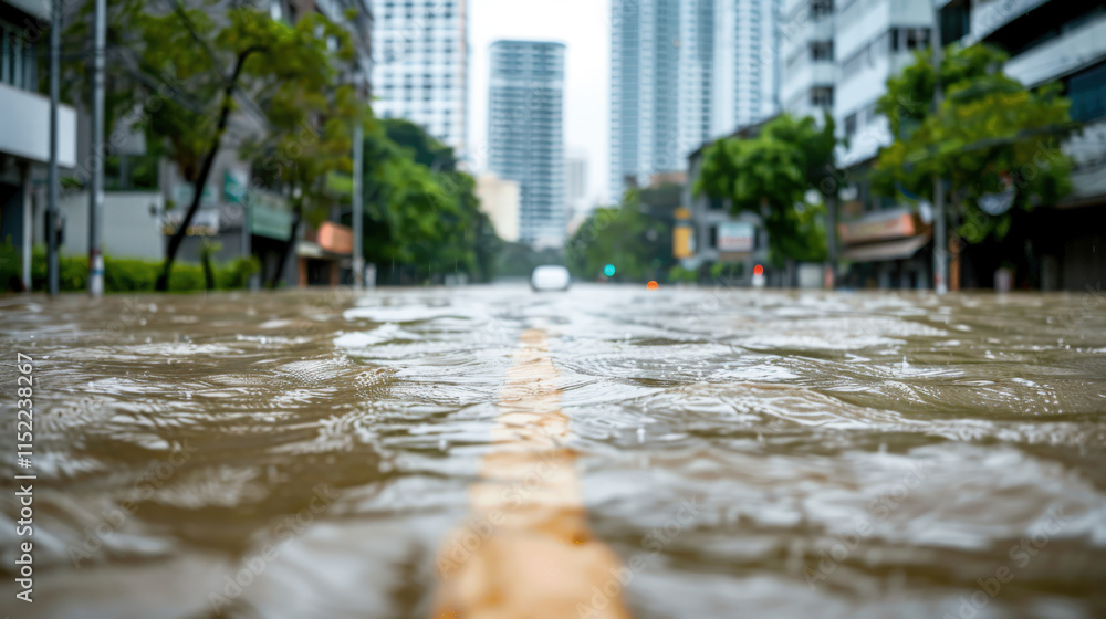 Urban street submerged in water during heavy rainfall, showcasing ...