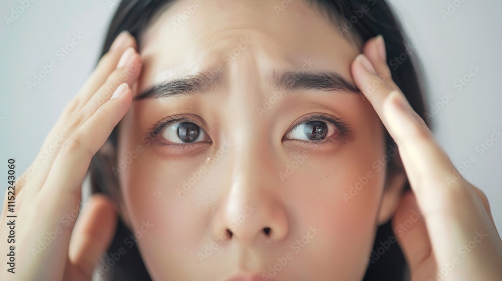 Asian woman highlights dark circles under her eyes indicating toll of ...