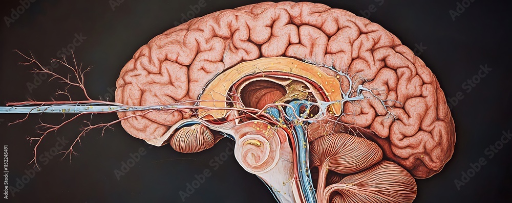 Detailed anatomical diagram of the brainstem and nerve pathways ...