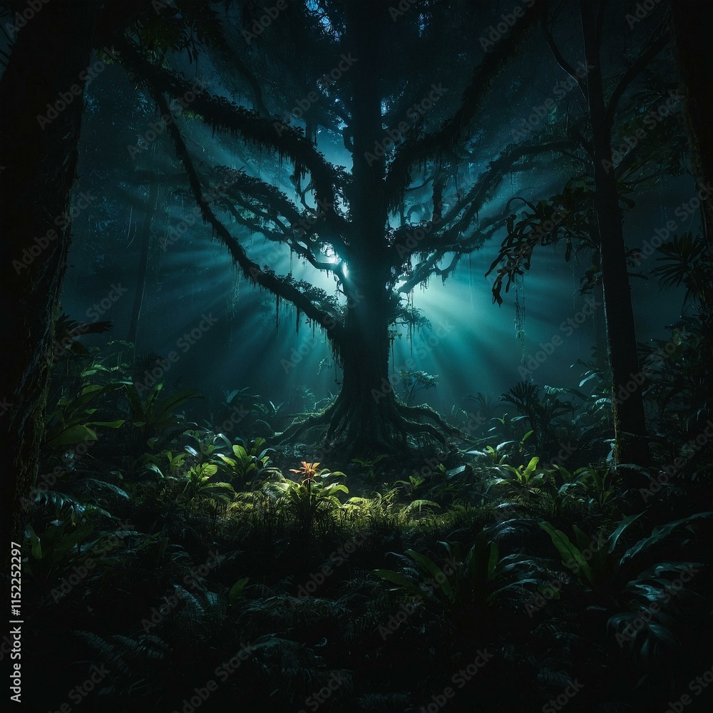 Bioluminescent rainforest at twilight with a glowing ancient tree and ...