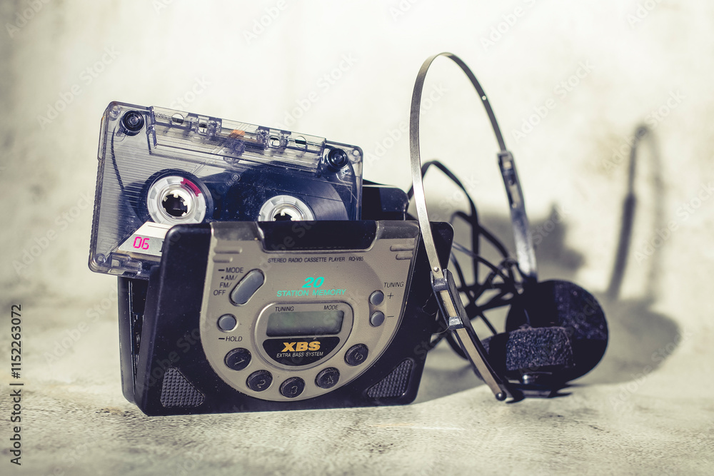Cassette inside a walkman with its headphones. portable music player ...