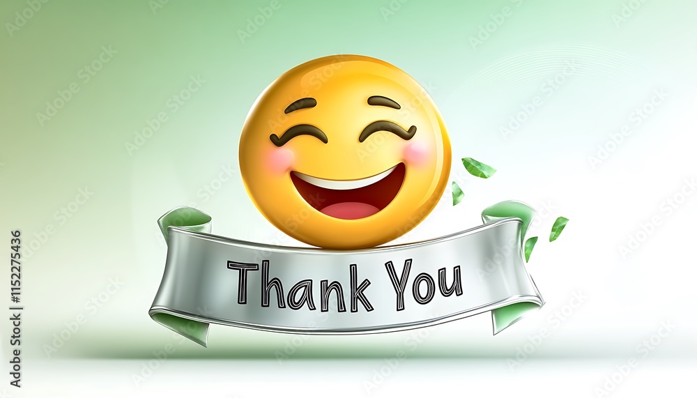 Joyful smiling emoji with a shiny silver "Thank You" banner on a white ...
